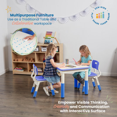 ECR4Kids Dry-Erase Square Activity Table with 2 Chairs, Adjustable, Kids Furniture, 3-Piece ...